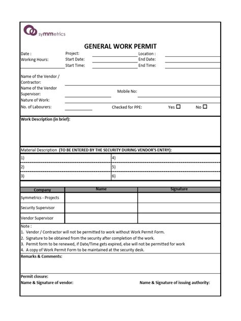 General Work Permit Form Template Pdf