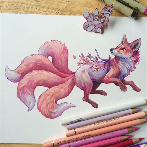 Pink Sakura Fox Drawing Inspired By My Pink Fox Pin Colour Pencils On