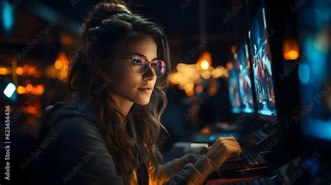 Smart Female Programer Working On Desktop Computer In Data Center System Stock Illustration