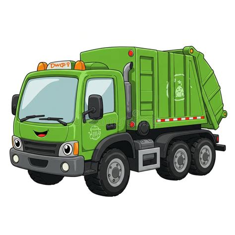 Green Cartoon Garbage Truck With A Friendly Face On The Windshield The