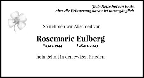 Traueranzeigen Von Rosemarie Eulberg Ga Trauer De