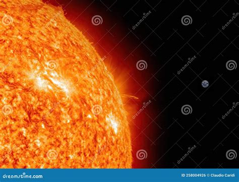 Accurate Size Comparison Of Earth And Sun 3d Illustration Stock