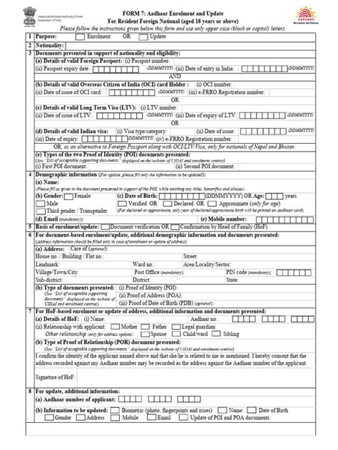 Form 7 Aadhaar Enrolment And Update For Resident Foreign National Aged 18 Years Or Above