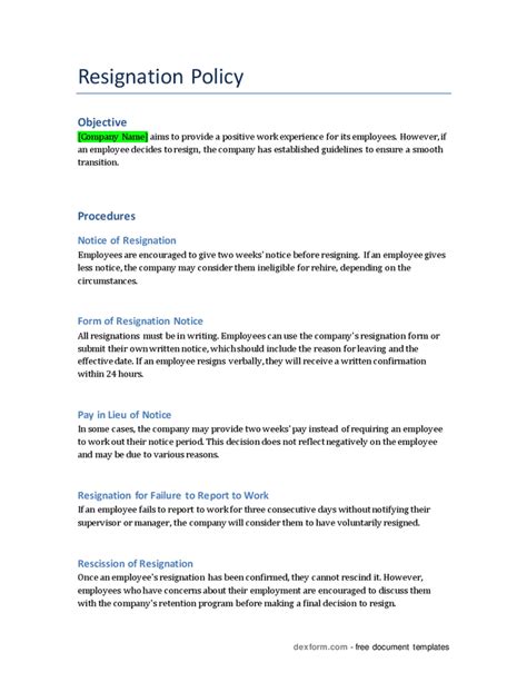 Resignation Policy In Word And Pdf Formats