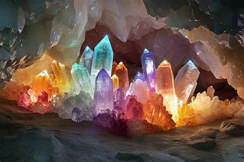 Beautiful Array Of Colorful Crystals Illuminated In A Vibrant Cave