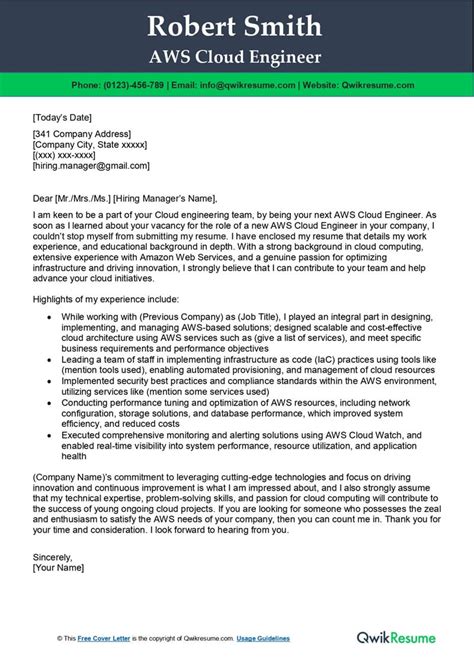 Aws Cloud Engineer Cover Letter Examples Qwikresume