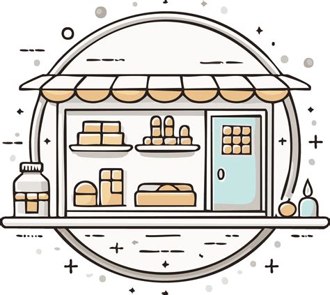 Line Art Illustration Of A Small Local Shop With An Awning And Products