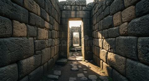 Ancient Stone Ruins Passage Sunlight Shadow Stock Illustration
