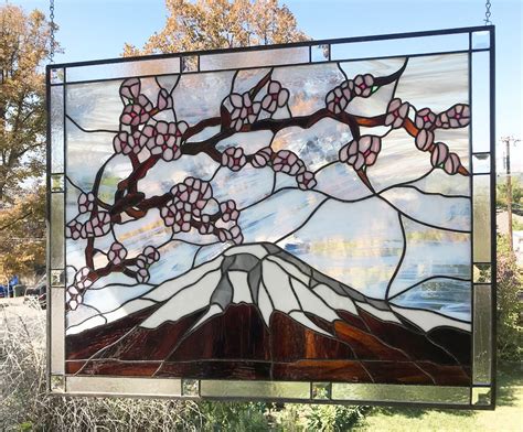Stained Glass Panel Mount Fuji With Blossoms 28 Tall X Etsy Australia
