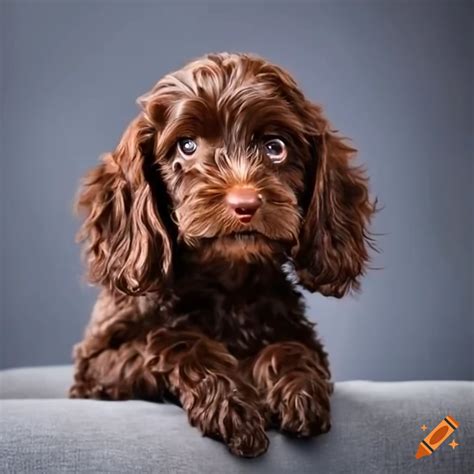 Chocolate Brown Cockapoo Puppy On A Grey Sofa On Craiyon
