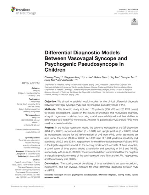 Pdf Differential Diagnostic Models Between Vasovagal Syncope And