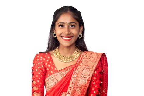 Premium Photo Portrait Of A Young Girl On Indian Traditional Saree Posing On A White Background