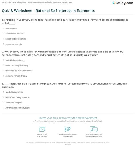 Quiz And Worksheet Rational Self Interest In Economics