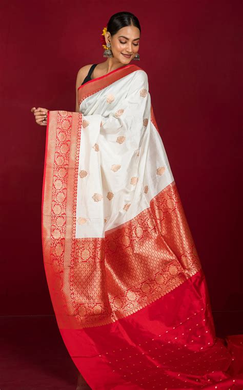 Handwoven Pure Katan Banarasi Silk Saree In White Red And Antique Gol