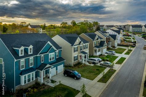 Aerial View Of Typical American New Construction Neighborhood Street In