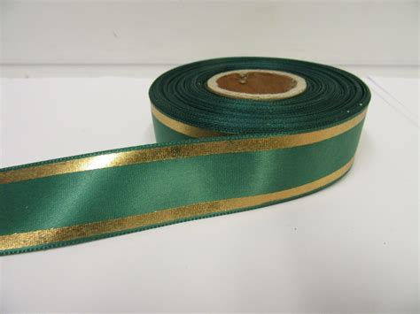 Dark Emerald Green With Metallic Gold Tramlines Satin Ribbon 2 Or 20
