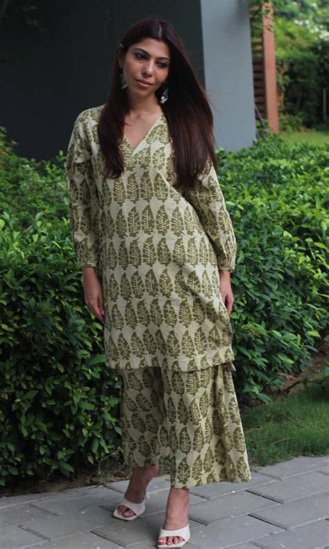 Cotton Kantha Handblock Mehendi Coord Set Baareeki