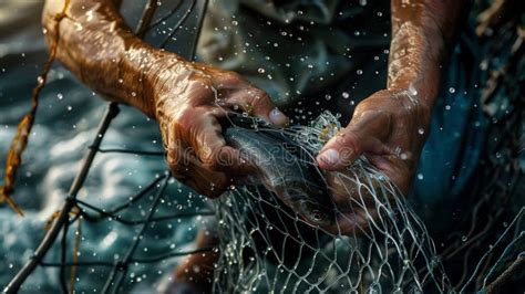 Close Up Of A Seasoned Fishermanand X27s Hands As He Hauls In A Net Full