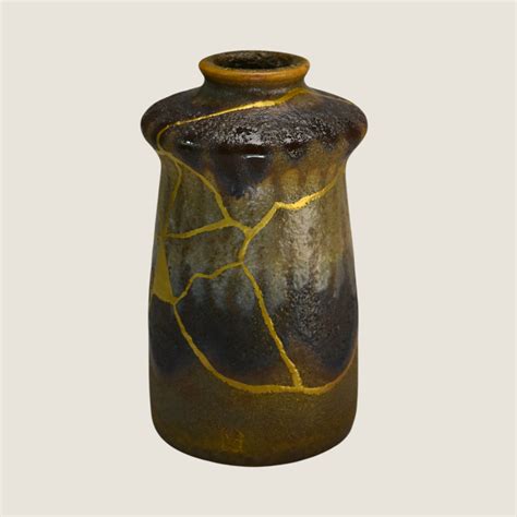 Kintsugi Stoneware Vase In Brown Tones Pure Gold Kintsugi