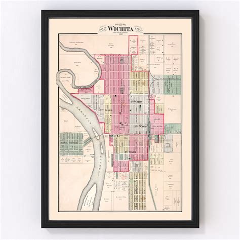 Wichita Map 1882 Old Map Of Wichita Kansas Art Vintage Print Framed
