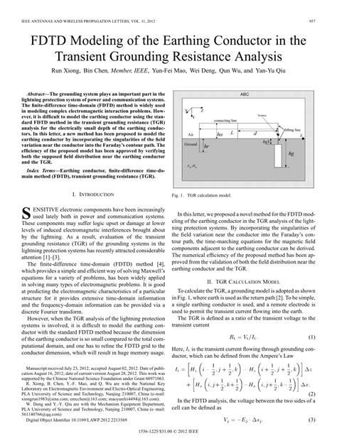 Pdf Fdtd Modeling Of The Earthing Conductor In The Transient Grounding Resistance Analysis