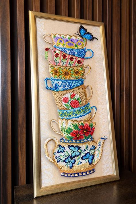 Handmade Beaded Teacup Artwork Vintage Kitchen Decor Stacked Cups