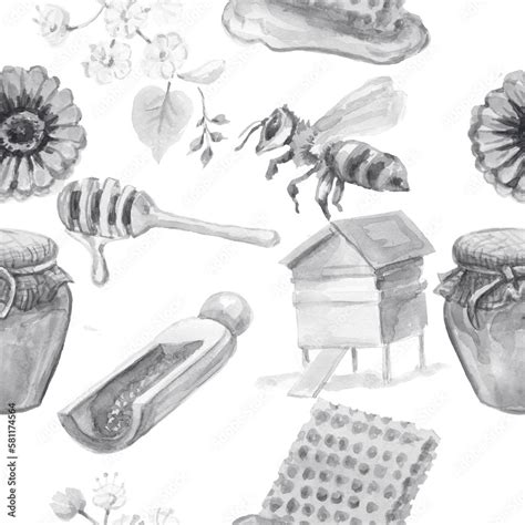 Honey Bee Honeycomb Jar Beehive Graphic Illustration Hand Drawn Set