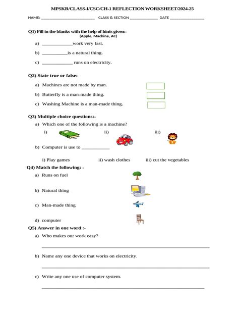 Class 1 Ch 1 Worksheet Pdf Computers
