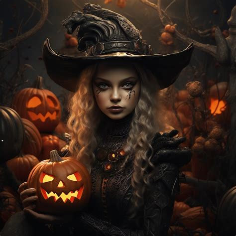 Premium Ai Image Halloween Portrait Of A Beautiful Witch With Pumpkins