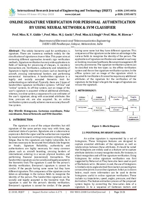 Pdf Irjet Online Signature Verification For Personal Authentication By Using Neural Network