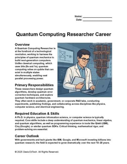 Quantum Computing Researcher Career Worksheet By Oasis Edtech Tpt