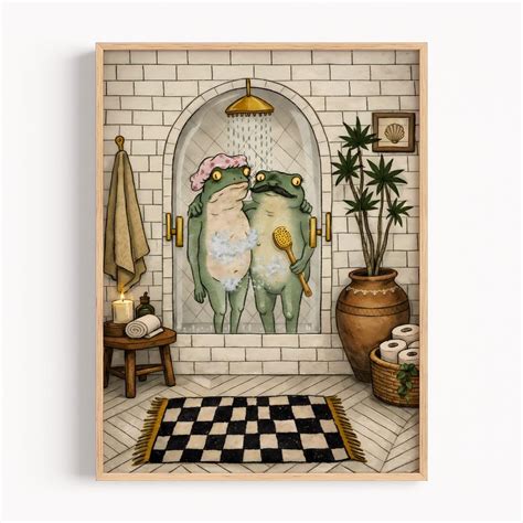 Whimsical Frog Couple Shower Art Print Funny Bathroom Wall Decor
