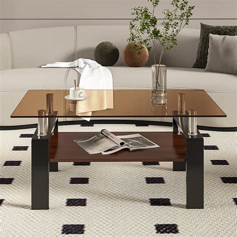 Tatayosi Rectangle Coffee Table Tempered Glass Tabletop With Mdf Layer