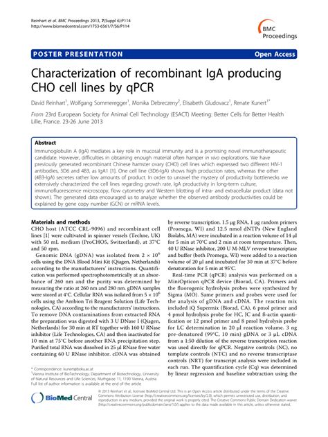 Pdf Characterization Of Recombinant Iga Producing Cho Cell Lines By Qpcr