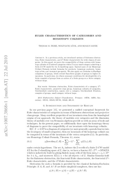 Pdf Euler Characteristics Of Categories And Homotopy Colimits