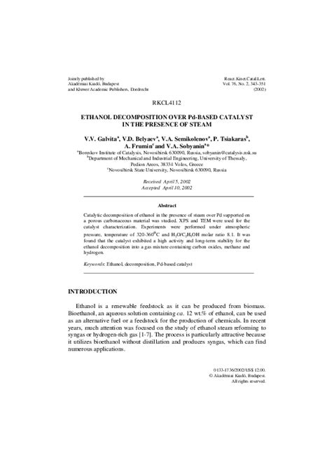 Pdf Ethanol Decomposition Over Pd Based Catalyst In The Presence Of Steam
