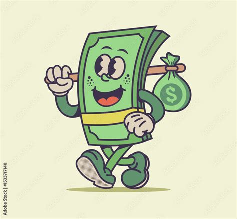 Funny Retro Money Cartoon Character Holding A Bag Of Cash Cute