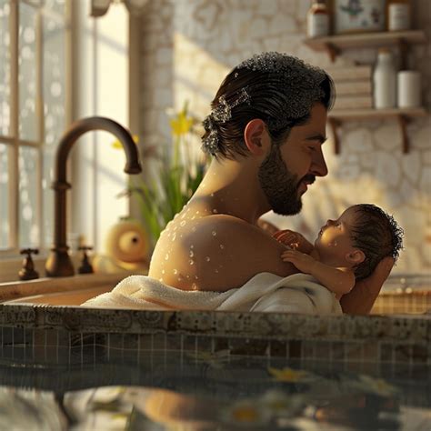 Dad Holds His Daughter In His Arms After The First Bath Premium Ai Generated Image