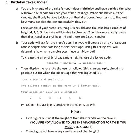 Solved In Matlab Birthday Cake Candles A You Are In Charge Of The Cake For Your Niece S