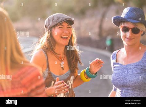 Three Beautiful Caucasian Young Girls Group Having Fun In Friendship