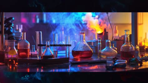 Vibrant Laboratory With Beakers And Test Tubes During Experiment Stock