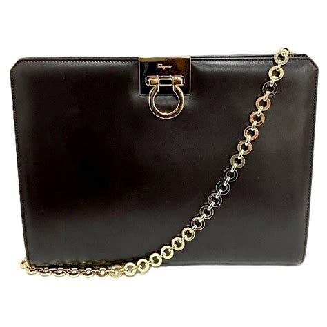 Salvatore Ferragamo Gancini Dark Brown Chain Shoulder Bag Leather Ref