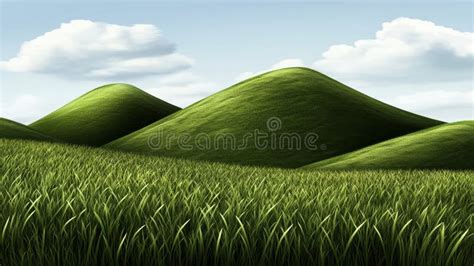 A Picturesque Cartoon Style Meadow Landscape With A Lush Green Field A Hillside Blanketed In