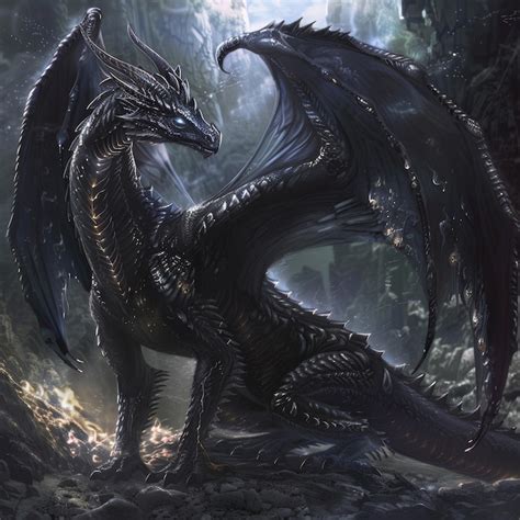 3d Rendering Of A Black Dragon In A Cave With A Light Effect Premium