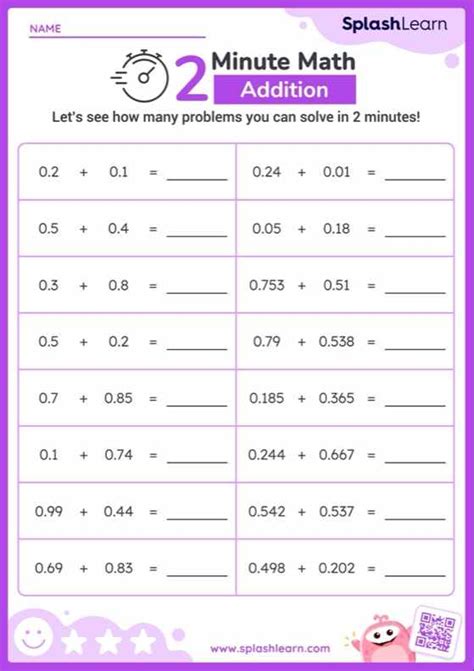 Add Decimals Less Than 1 Horizontal Timed Practice — Printable Math Worksheet