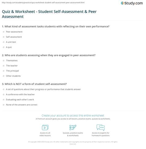 Quiz And Worksheet Student Self Assessment And Peer Assessment