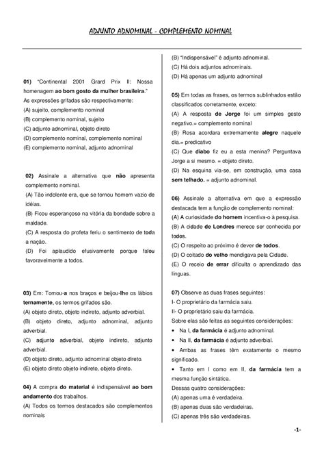Exercícios Sobre Complemento Nominal E Adjunto Adnominal Educa