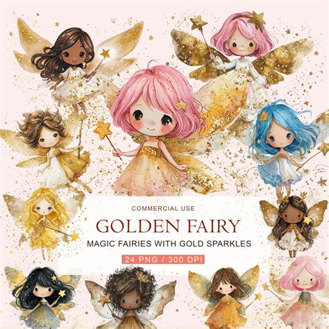 Golden Fairy Clipart Set Watercolor Pastel Fairies With Gold Sparkles