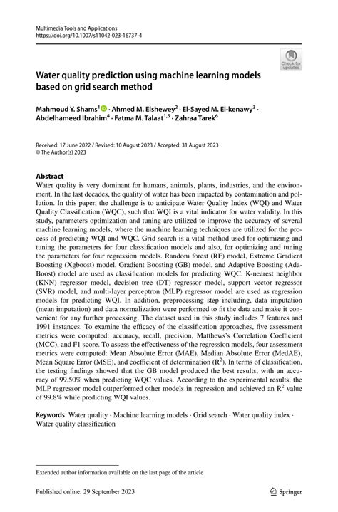(PDF) Water quality prediction using machine learning models based on grid search method