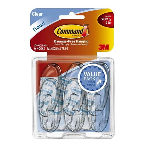 Command Medium Clear Hooks With Clear Strips 6 Pack 17091clrvp The